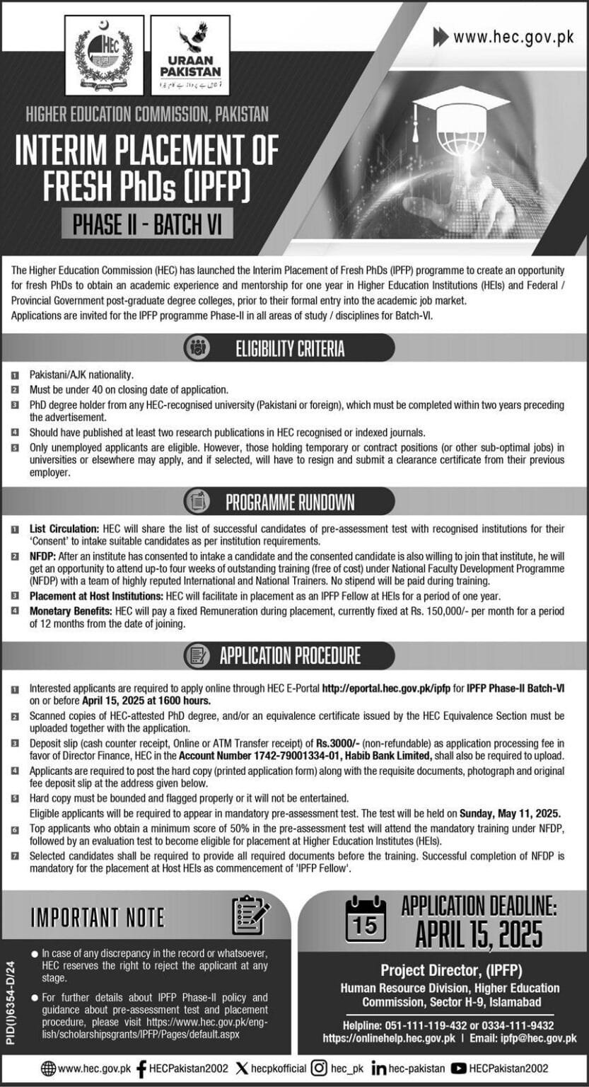 Fresh PhDs HEC IPFP Jobs 2025 Online Apply